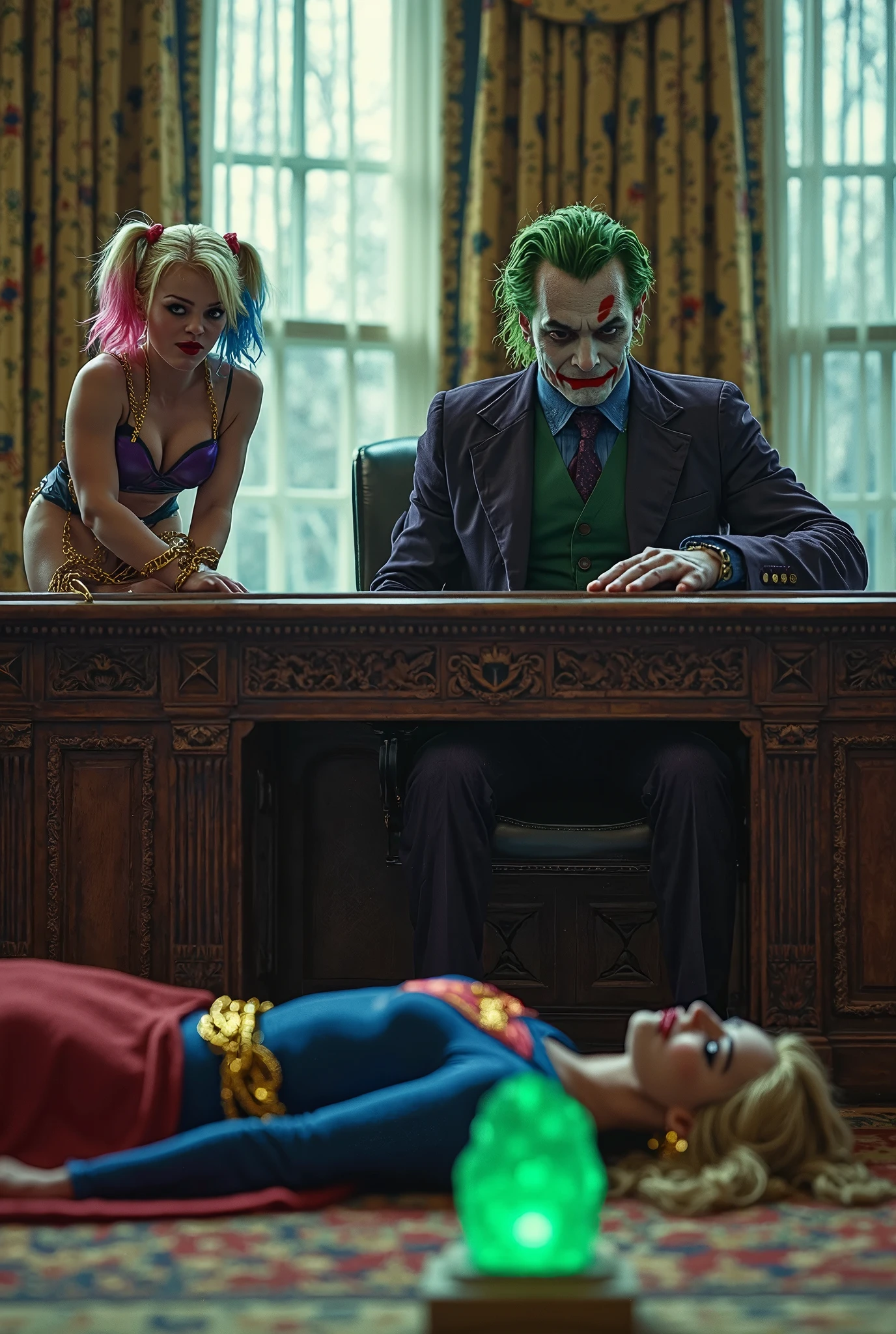 Photograph in high detail. Cinematic.in the oval office. 3people ...