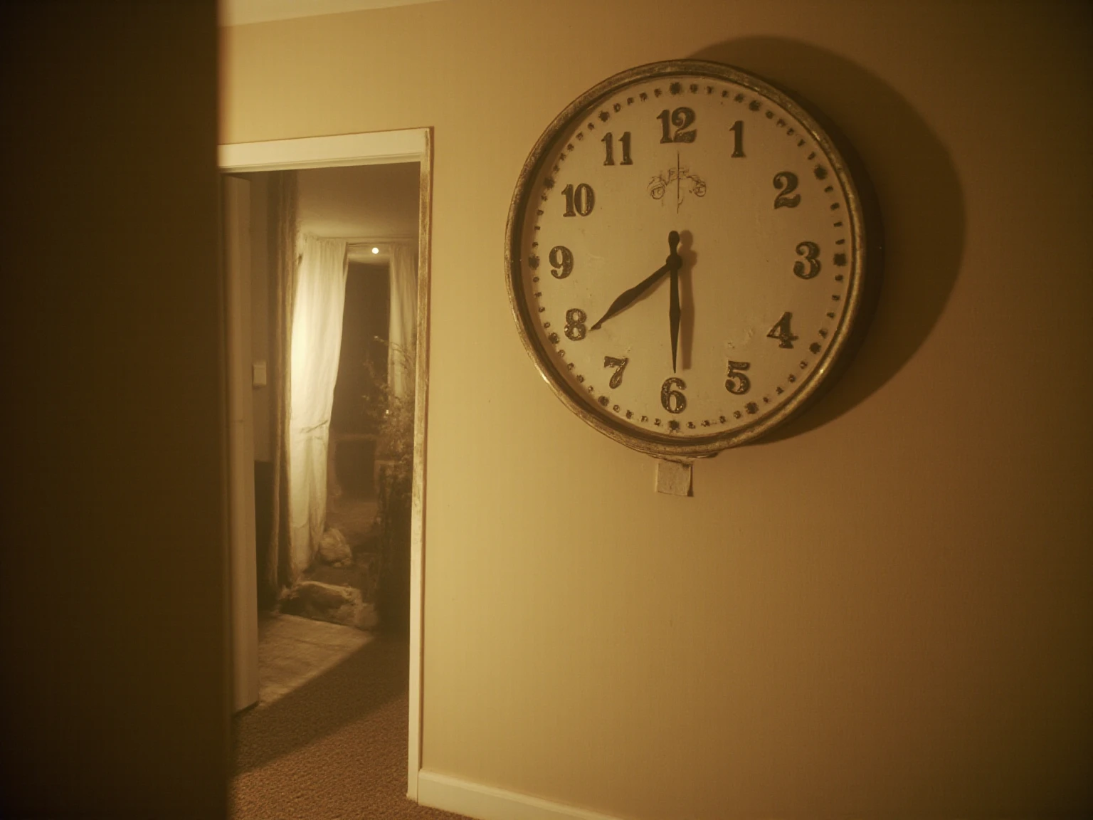 An old wall clock, decorated with black symbols hangs crooked on a ...