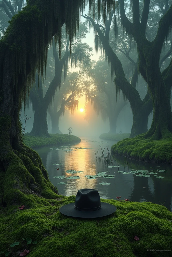 Create a serene, mystical swamp scene at twilight. The foreground is ...