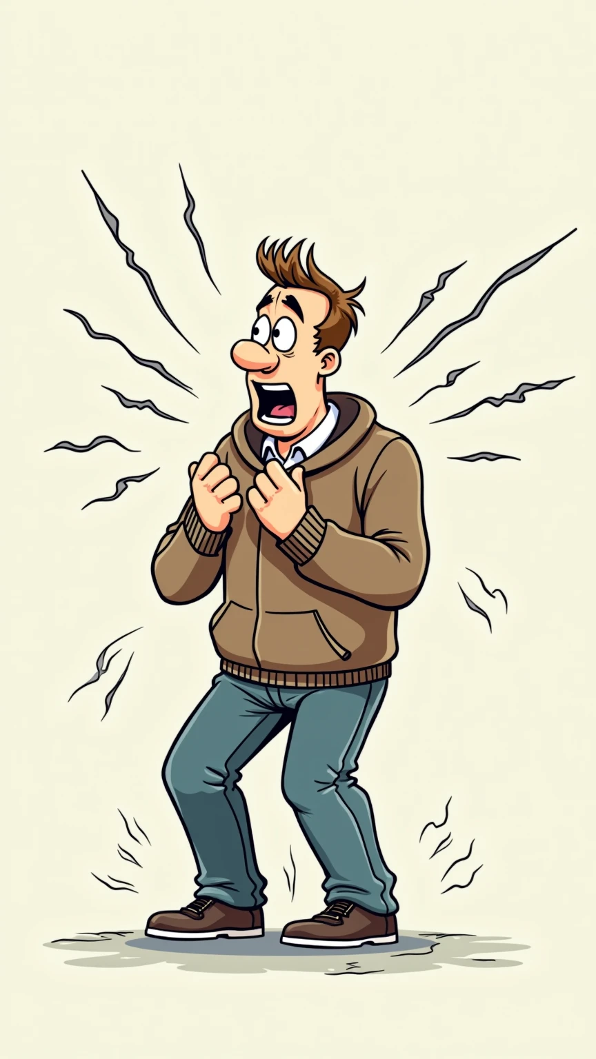 Humorous scene of man shivering dramatically as if cold wind hits him ...