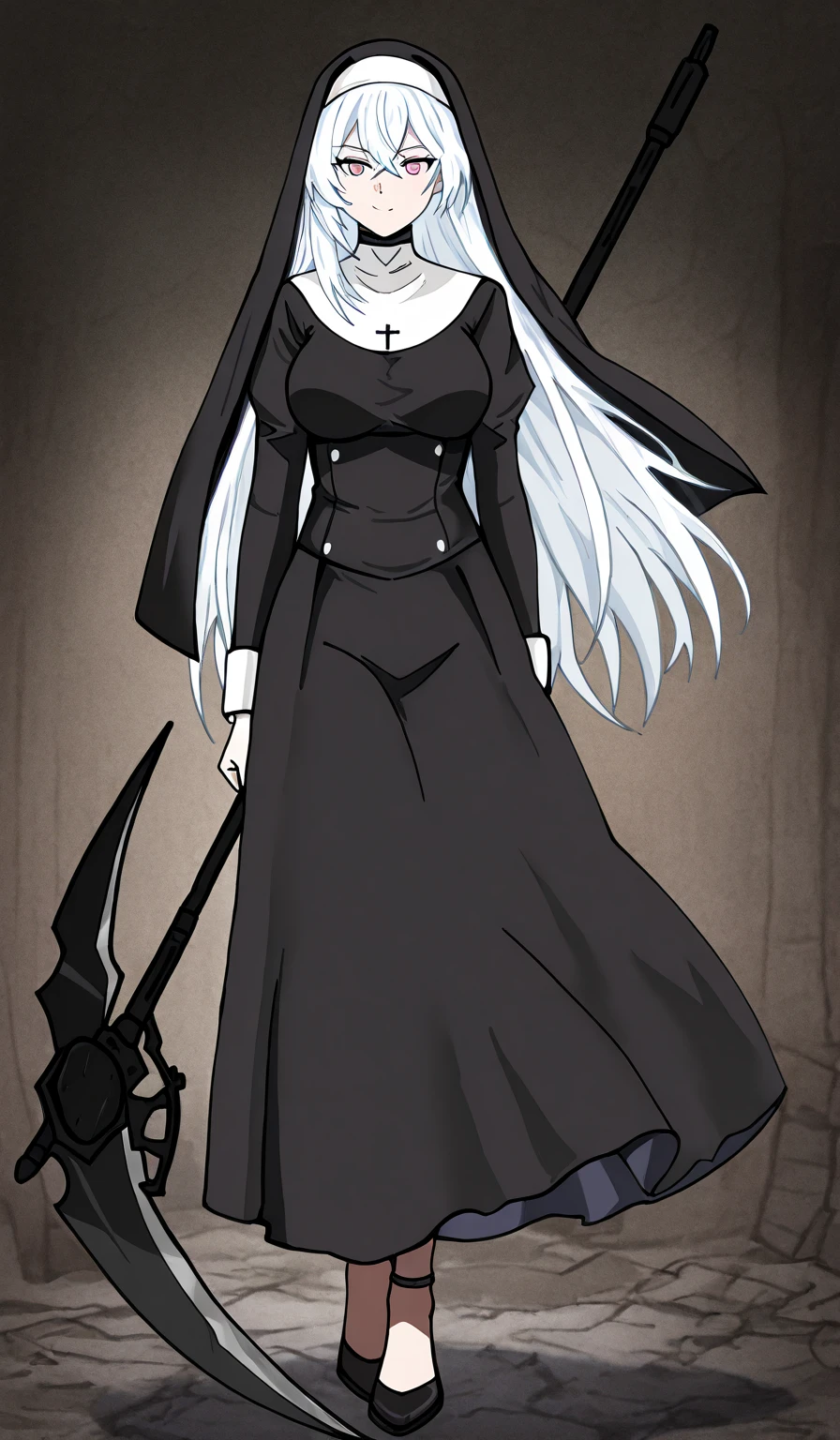 A white-haired nun holding the scythe of death ,a woman in a nun ...