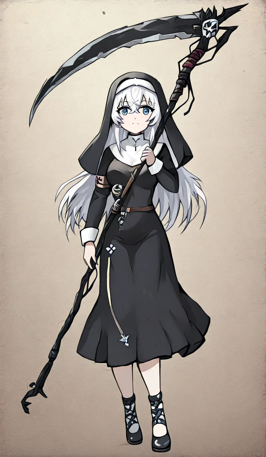 A white-haired nun holding the scythe of death ,a woman in a nun ...