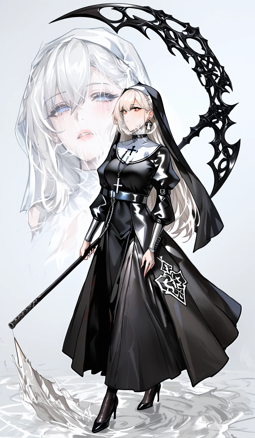 A white-haired nun holding the scythe of death ,a woman in a nun ...