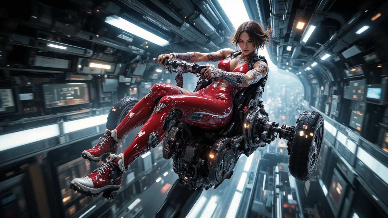 With one booted foot balanced on a moving alien bike and the other on a ...