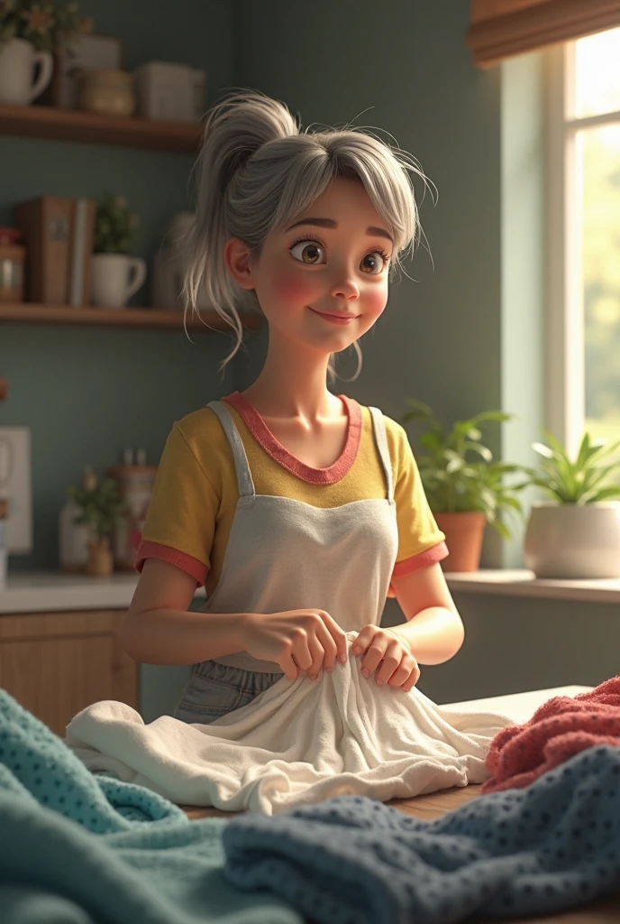 Realistic animation of a mother folding clean laundry, then zoom into ...