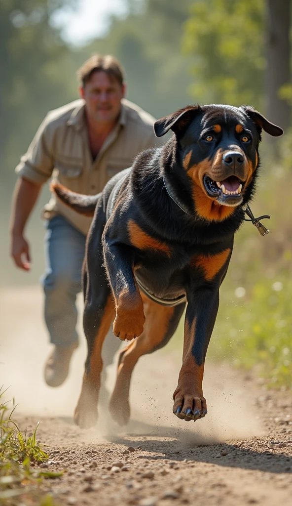 A massive Rottweiler aggressively dragging a full-grown man across a ...