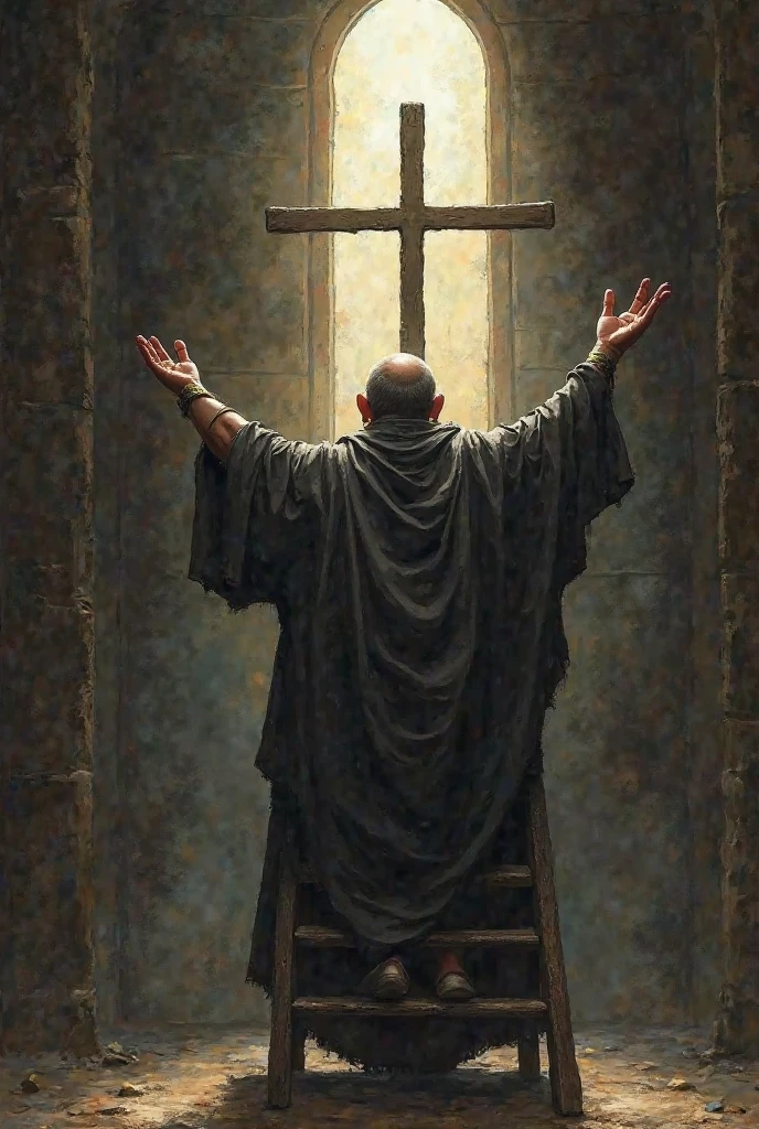 Fat monk kneeling on a ladder with his arms extended in a cross looking ...