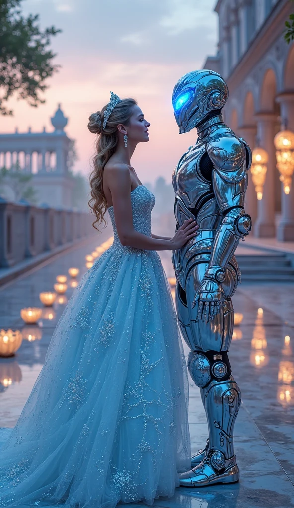 A majestic fantasy couple standing on the marble steps of a crystalline ...