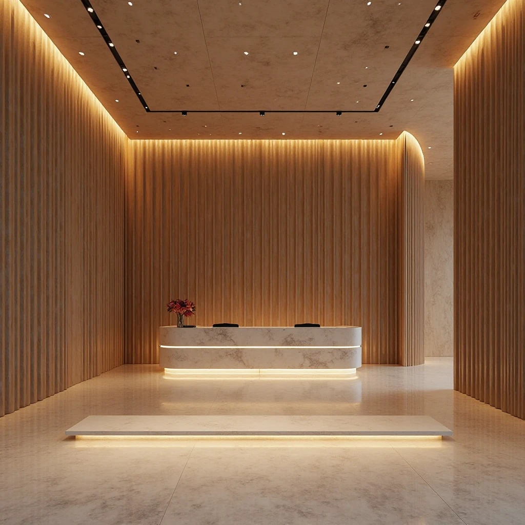 A 400 square meter reception area with a reception table, which is ...