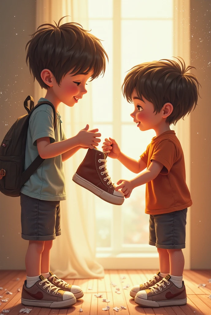 Another boy offering clean sneakers to the main boy, kind gesture ...