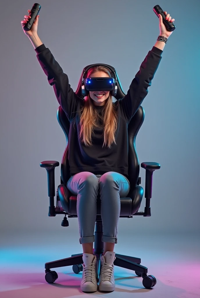 A full-body image of a happy and excited female gamer sitting on a ...