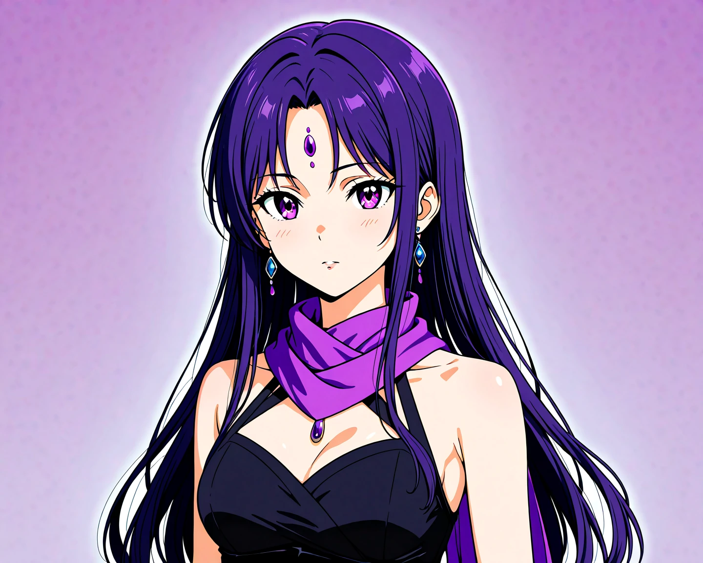 A young woman with an anime style. She has long, straight dark purple ...