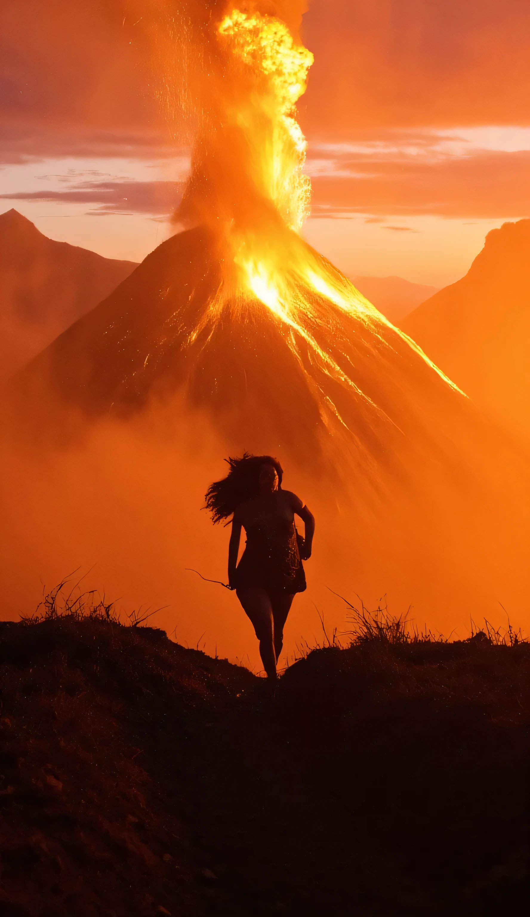Volcano erupting, on its slope a prehistoric warrior runs away from ...