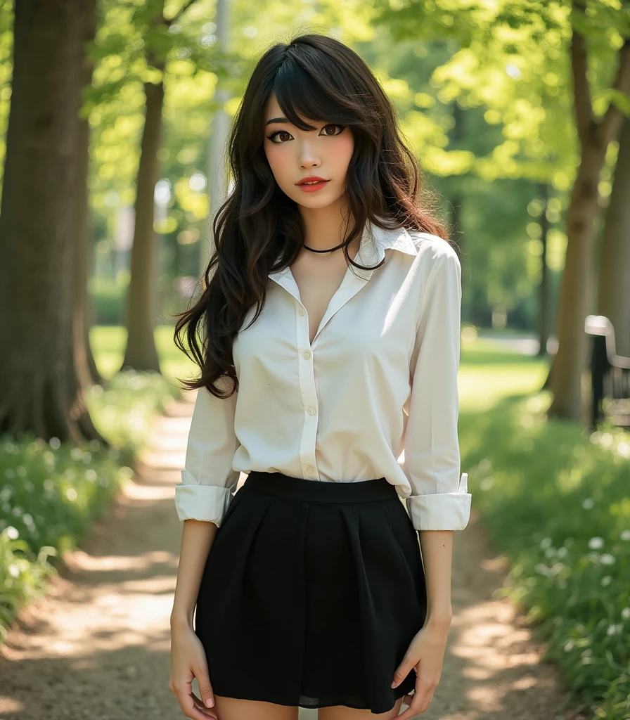 Em1ru wearing white blouse buttons undone and black skirt posing for ...