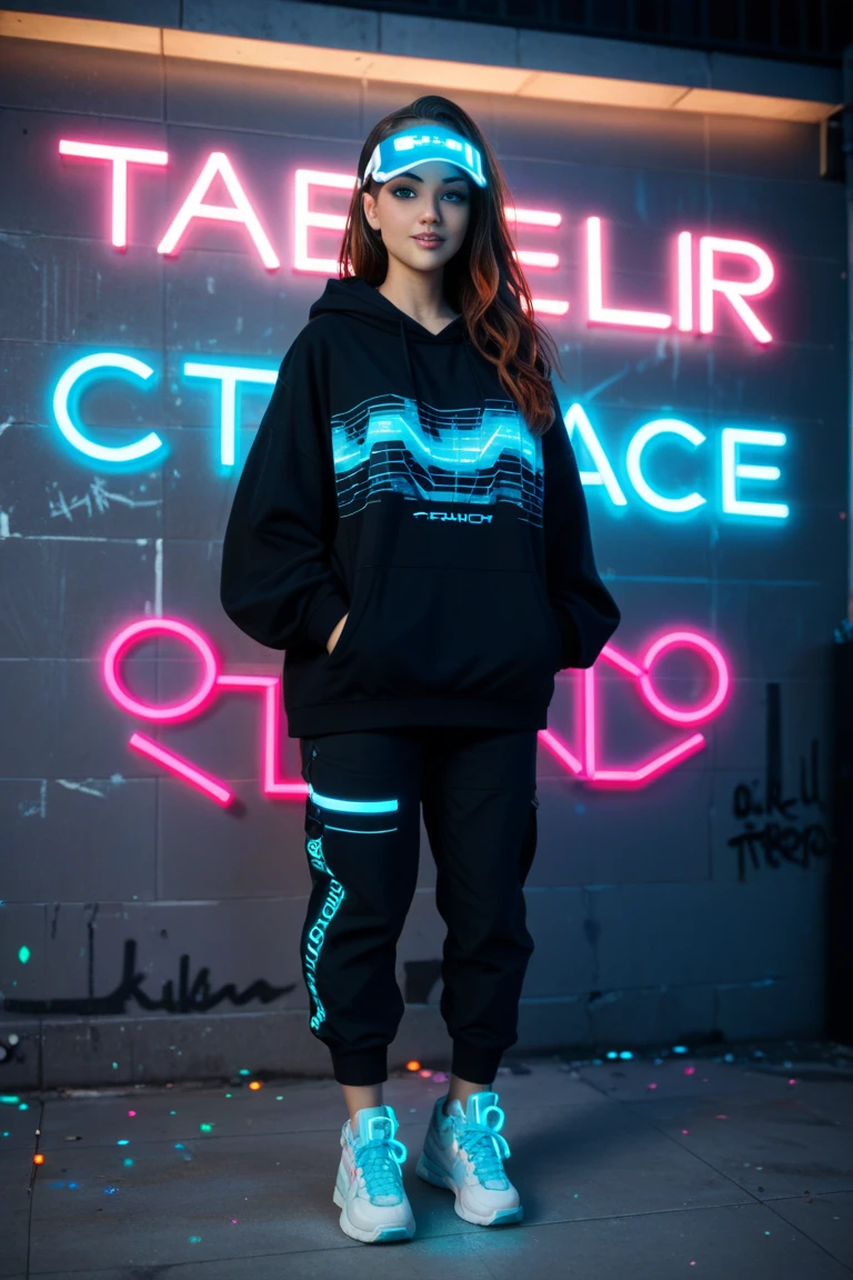 A young woman with long flowing hair, wearing futuristic streetwear in ...