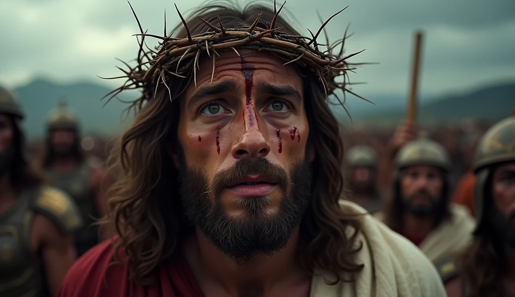 A realistic photograph of Jesus Christ wearing a crown of thorns ...