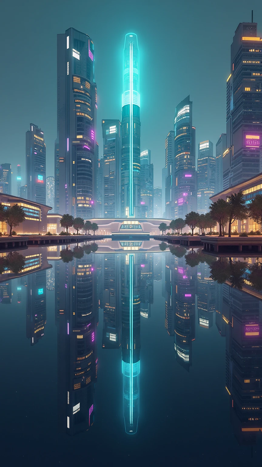 A high-resolution digital illustration of a futuristic city skyline at night - SeaArt AI
