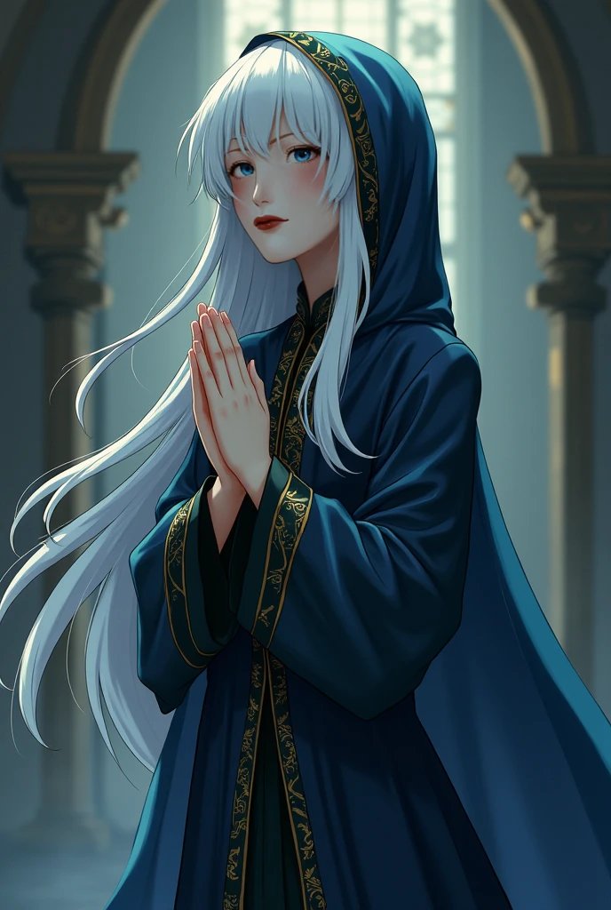 Girl with long white hair praying. Dark, goth aesthetic, wearing deep ...