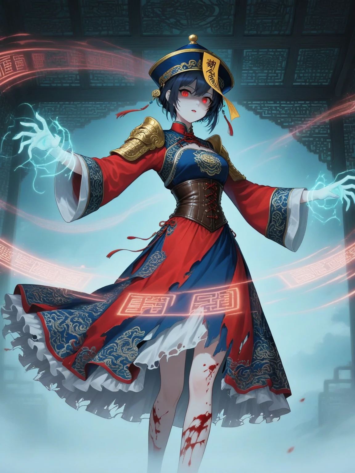 A female figure in a ta-style, red-and-blue color-blocked Qing Dynasty ...