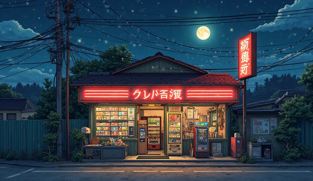 A nostalgic retro Japanese convenience store at night, with warm red ...