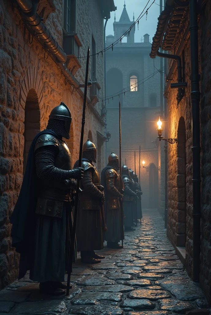 Byzantine armed guards with light armor on a dark alley in ...