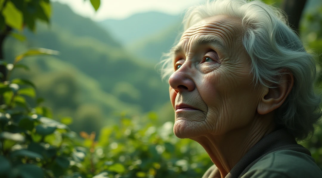 Prompt 65: Elderly person visualizing nature, face serene and still ...