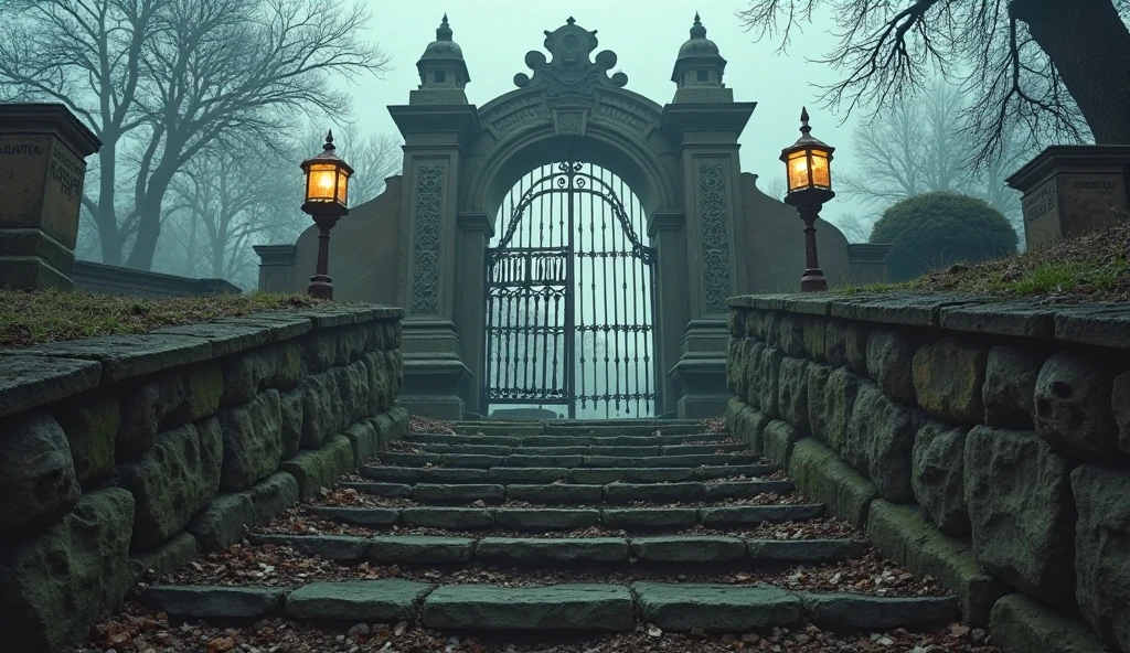 The ancient cemetery gate, known as "The Maw of the Damned," stands as ...