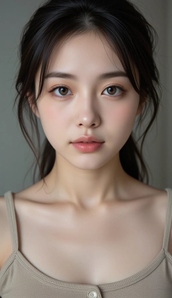 A highly realistic half-body portrait of a young woman with soft ...