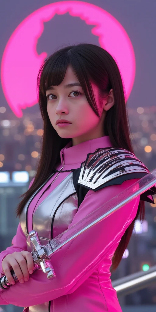 Graceful Japanese female warrior in tokusatsu armor, sleek chrome and ...