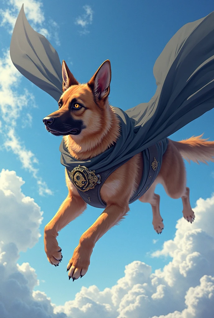 An anime character, an angry german shepher, a flying super dog with ...