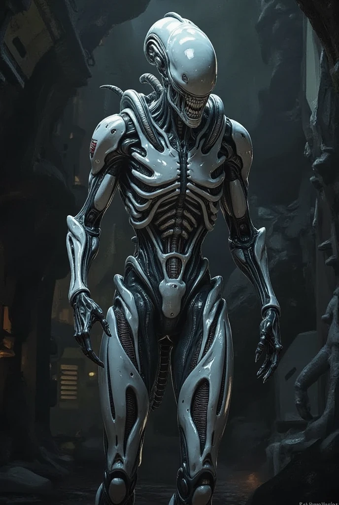 Cyborg alien with white carbon fiber body、alien xenomorph - SeaArt AI