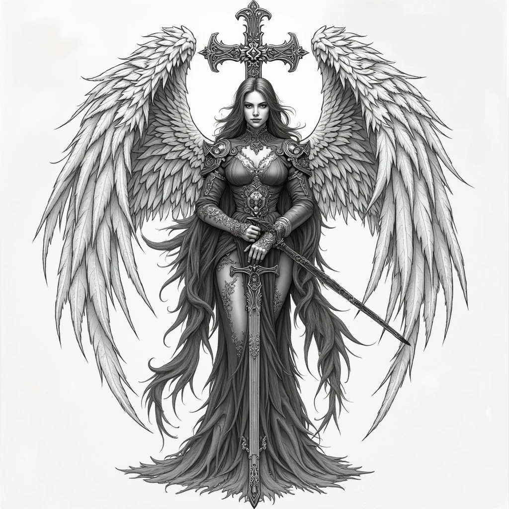 The image depicts a detailed drawing of a powerful, angelic female ...