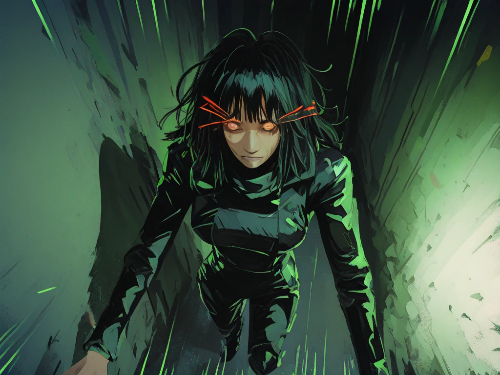 a beautiful long messy hair kunoichi woman in a cloaked futuristic suit ...