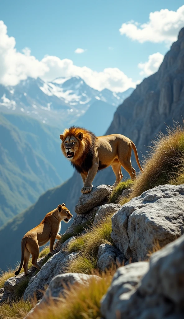 "A hyper-realistic 8K Ultra HD wildlife scene set on a high mountain ...