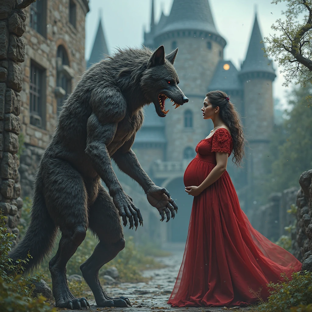 Man Werewolf is next door pregnant woman in red dress In front of a ...
