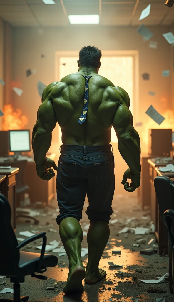 Photorealistic Hulk from behind, leaving the destroyed office with his ...
