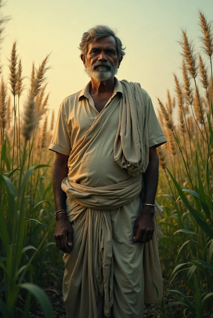 An Indian Man wearng Lungi and shirt standing inside tall grasses ...