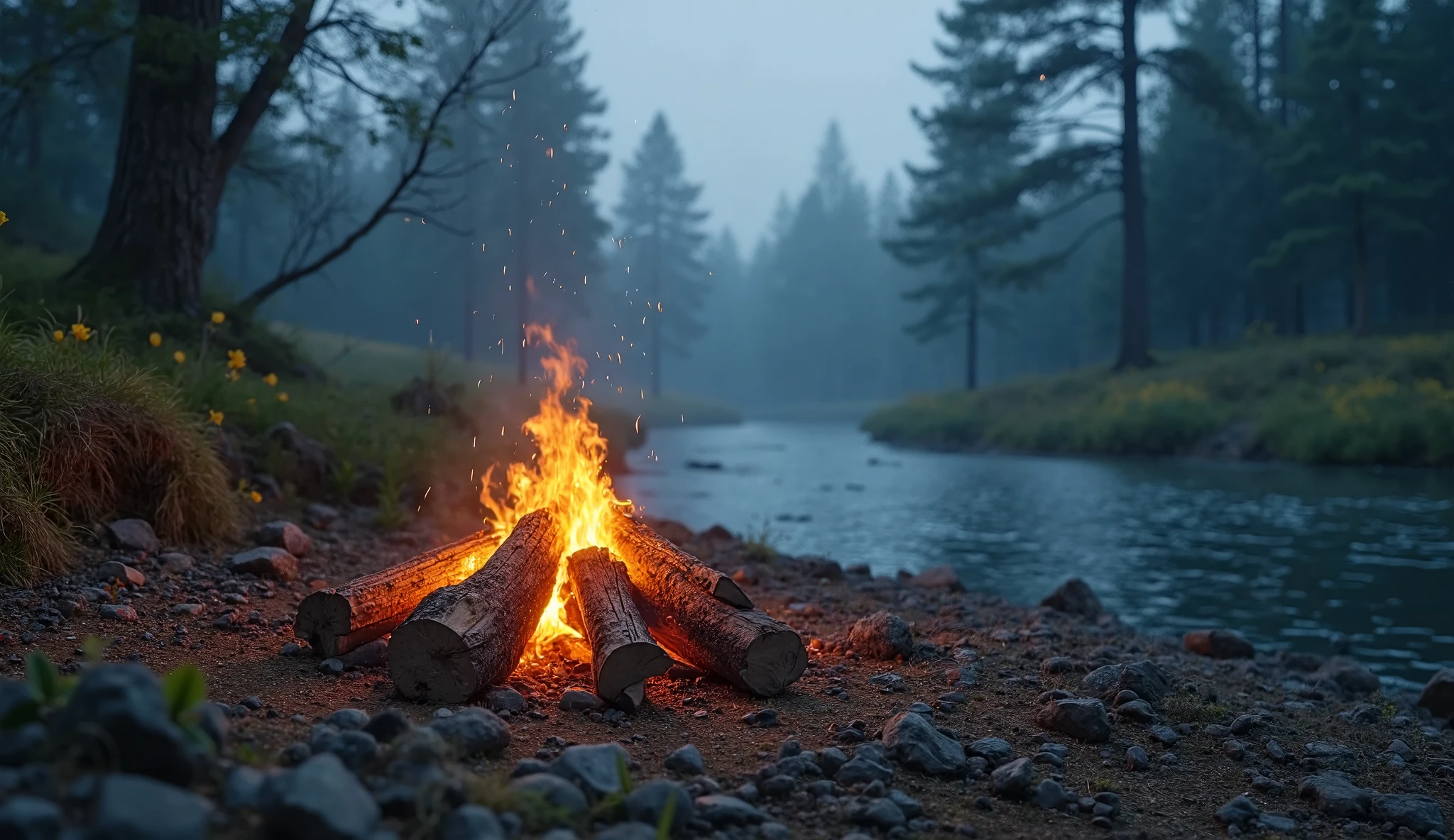 A peaceful campfire by a gently flowing river before dawn, dark pre ...