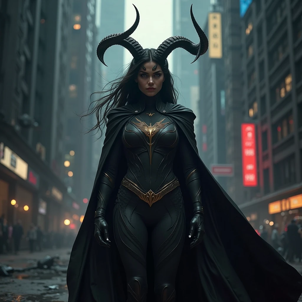 A female superhero with horns and a cloak. realistic image - SeaArt AI