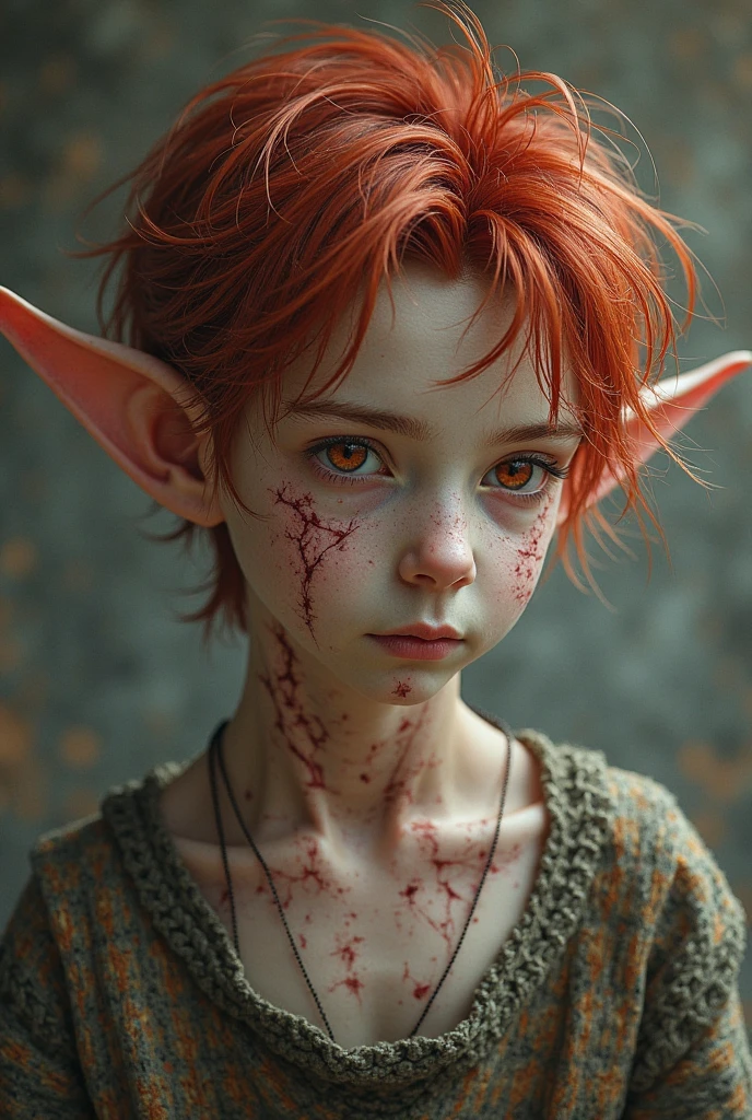 A young man with red, disheveled hair. The young man has a healed scar ...