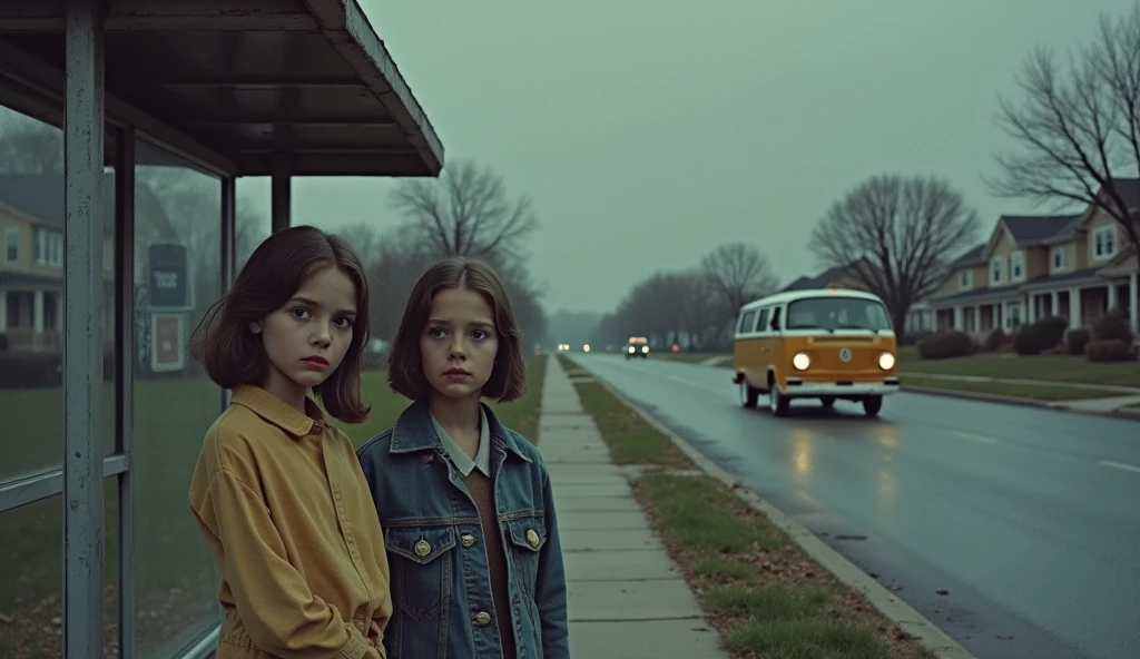 “Two girls at 1970s suburban bus stop, cloudy skies, van pulling up ...