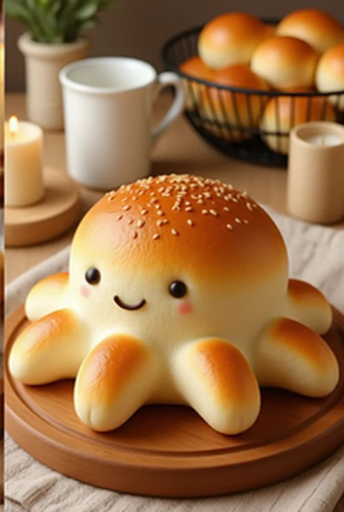 A photograph of a cute, round, bread resembling an octopus, with golden ...