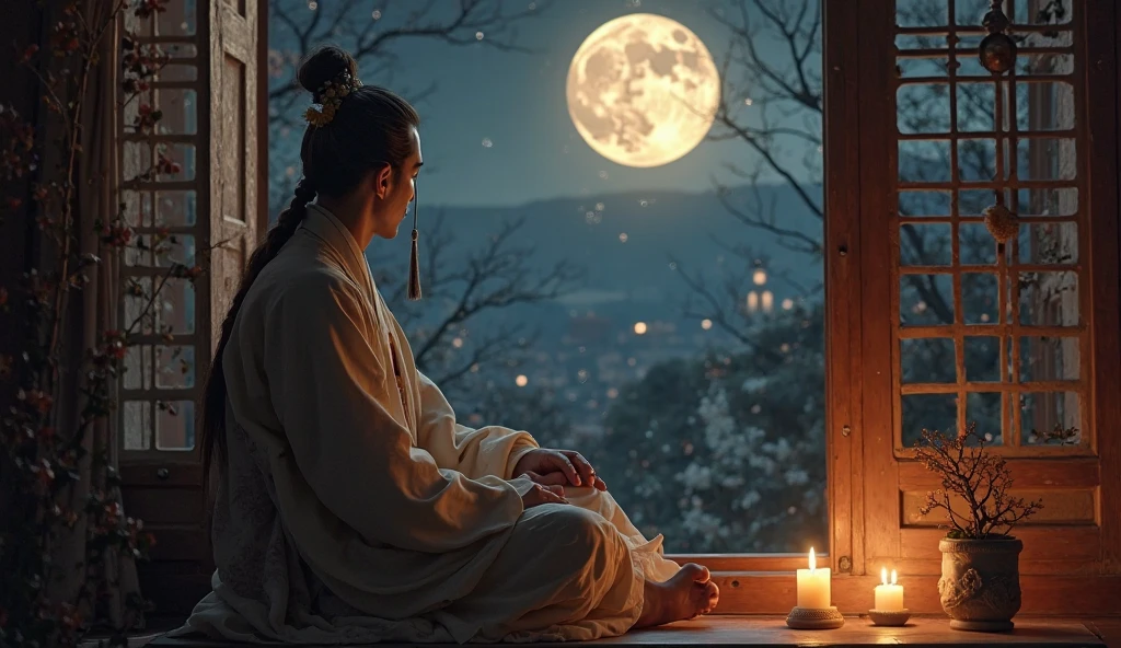 Tang Dynasty man sitting by the window，Wearing ancient clothes - SeaArt AI