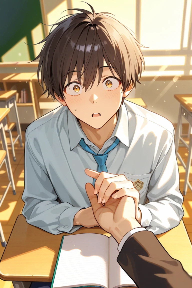 A kind-hearted teacher kneels beside a quiet boy's desk in a sunlit ...