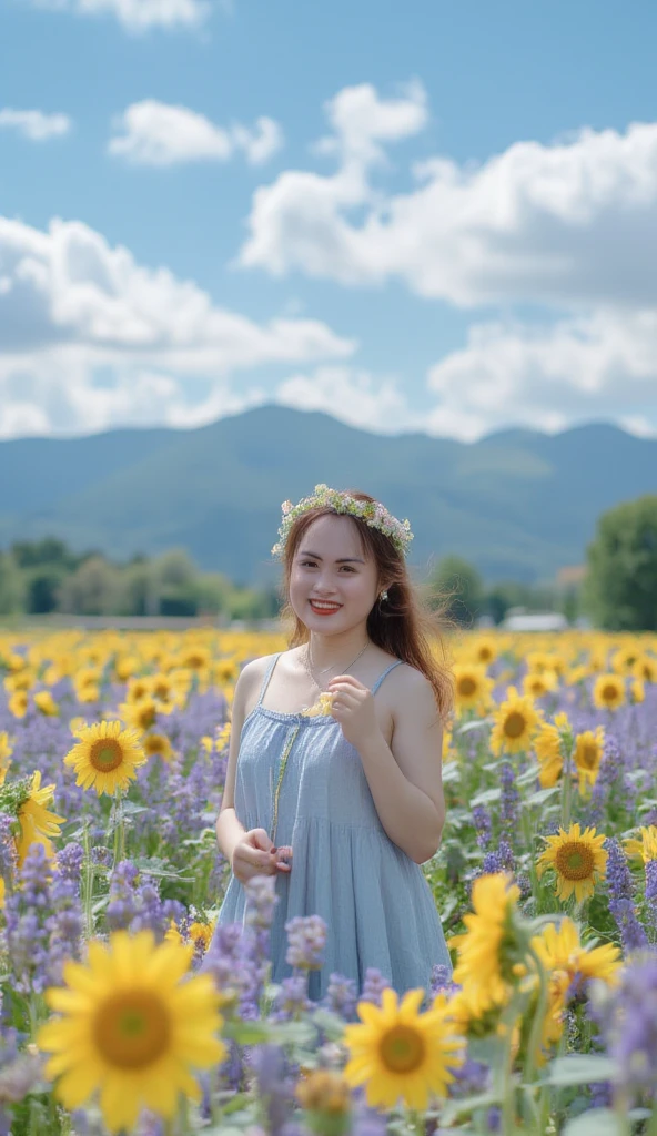 A beautiful young woman with long flowing hair wearing a light blue ...