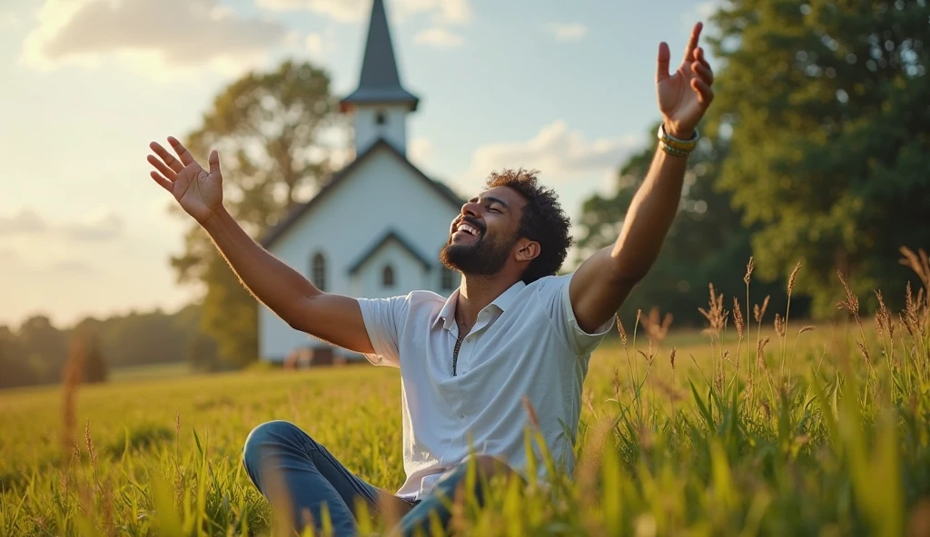 A joyful man sits eyes closed and one hand raised in reverent worship ...