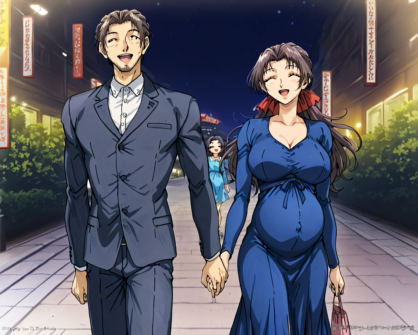 Sayoko Saeki walking her husband and daughter. The daughter is holding ...