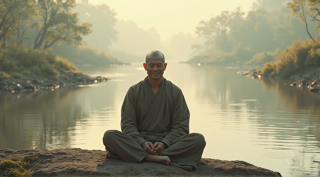 The monk in a meditative pose by a tranquil river, his robes gently ...