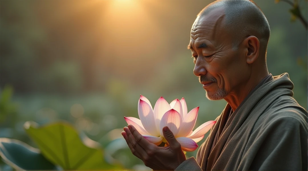A close-up shot of the monk holding a lotus flower, its petals ...