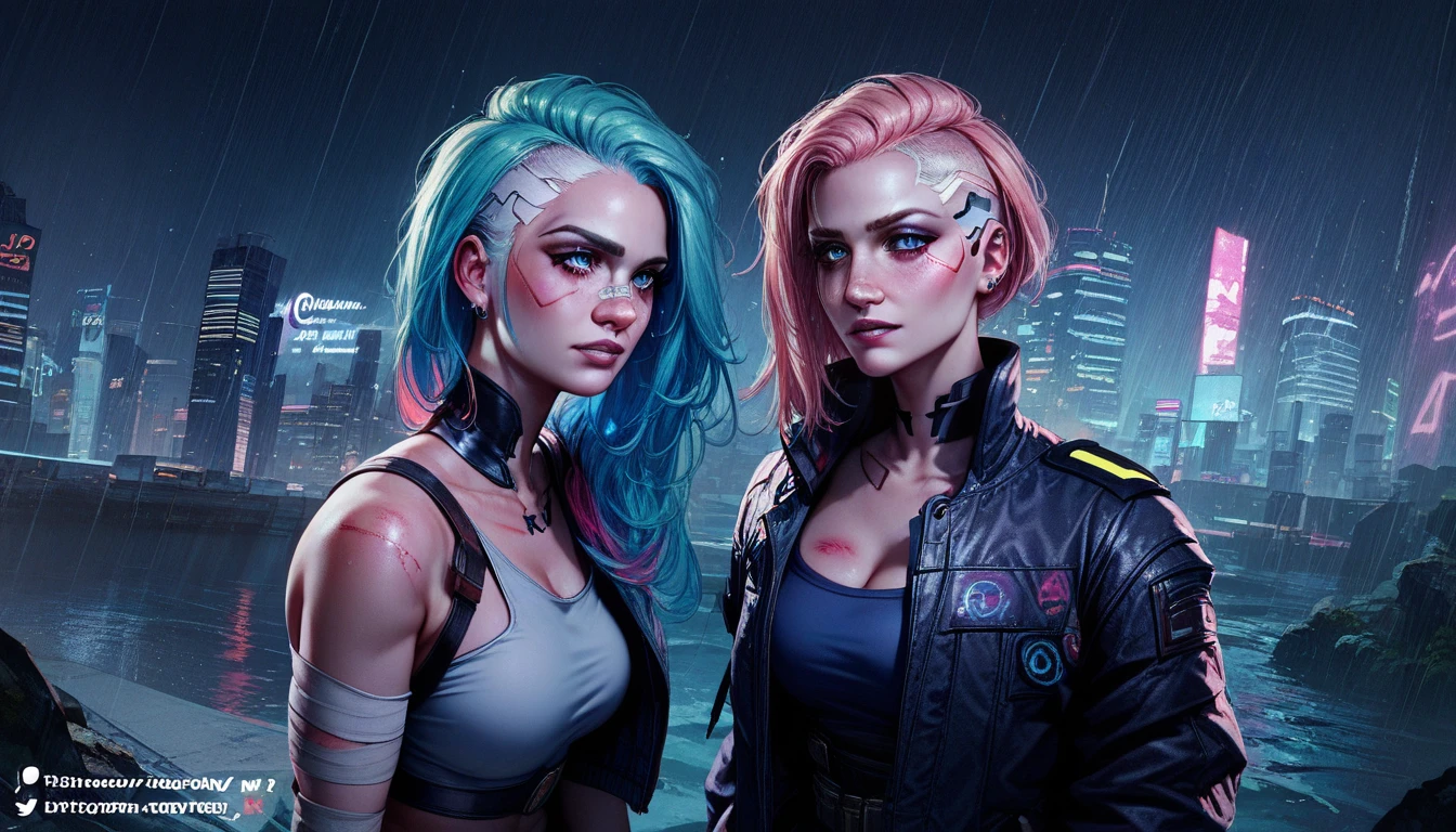 Ryan Gosling as Blade Runner, standing at night in neon-lit rain ...